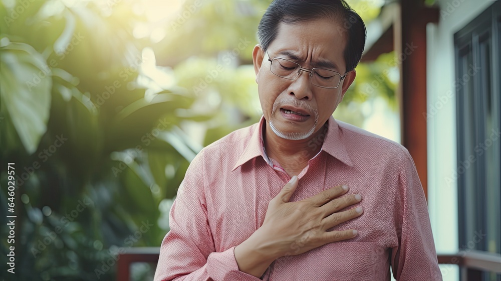 hand hold chest with heart attack symptoms, man working hard have chest ...