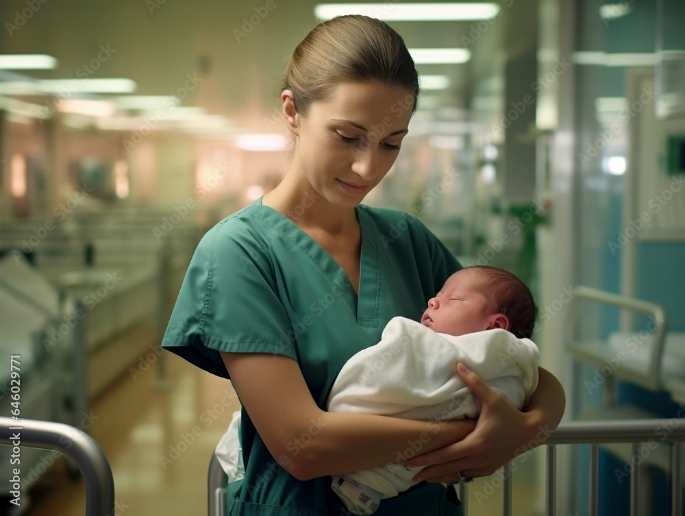 Nurse cradling a day-old infant, newborn baby, displaying genuine ...