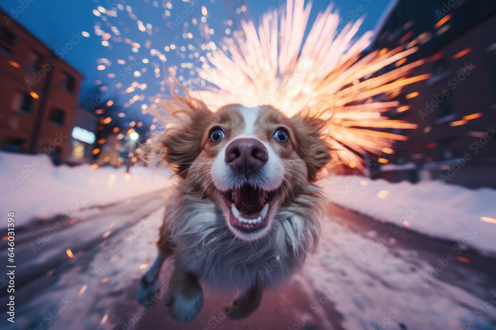 Cute dog scared and terrified of New Year's Eve fireworks, running in ...