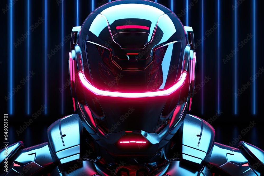 Futuristics robot cyborg with neon cyberpunk light helmet. Blue pink ...