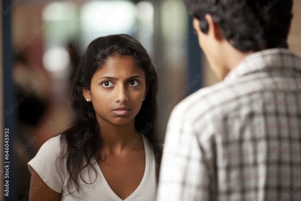 Zdjęcie Stock: In corner of bustling high school, Indian woman works ...