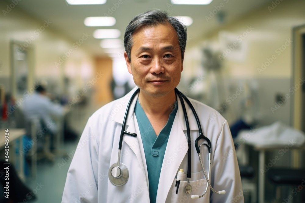 Amid hustle and bustle of urban hospital ward, middleaged Asian man ...