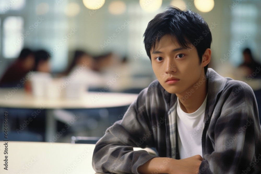 visibly withdrawn teenage Asian boy, sitting alone in bustling school ...