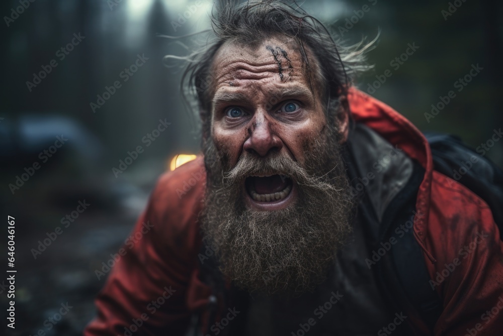 Deep within Scandinavian forest, rugged European man dwells. He now ...