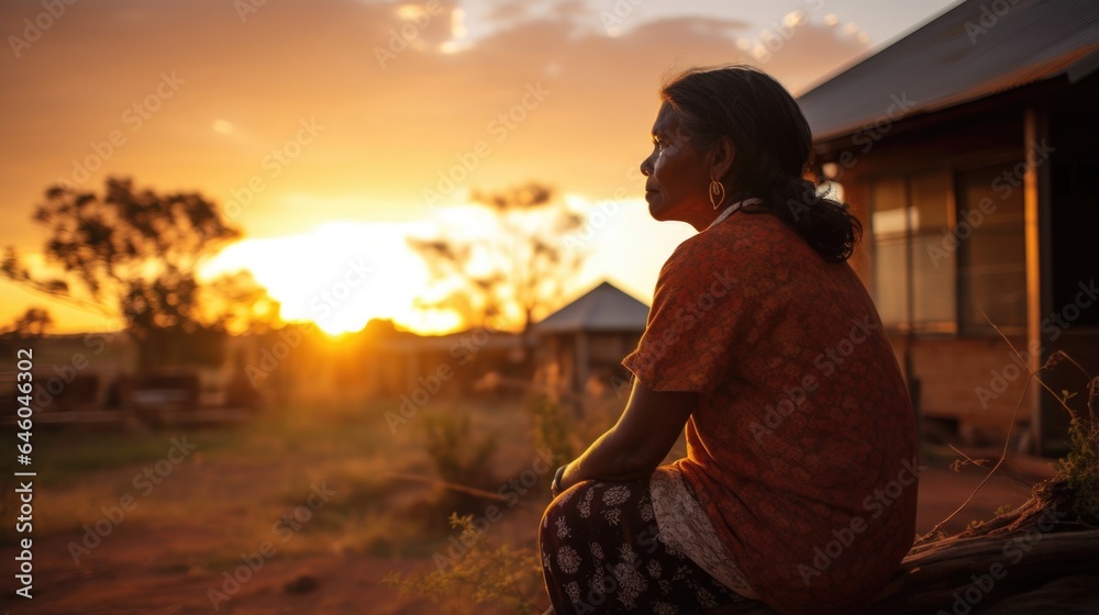 middleaged Indigenous Australian woman sits calmly outside humble home ...