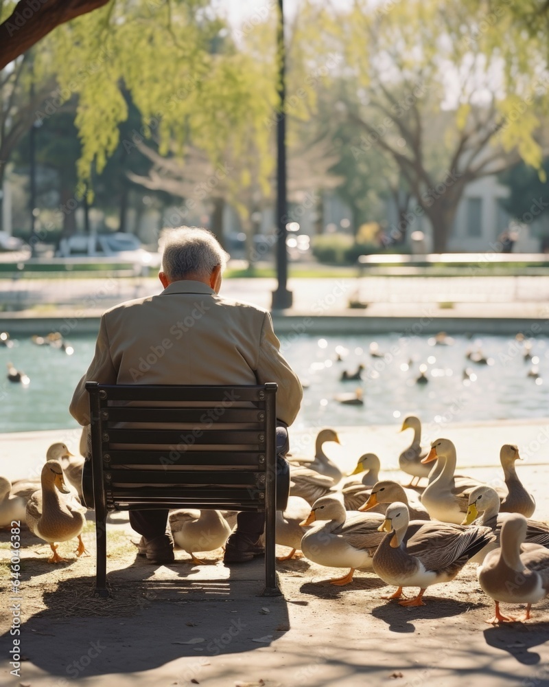 On sunny park bench, sits older Hispanic man, feeding ducks and quietly ...