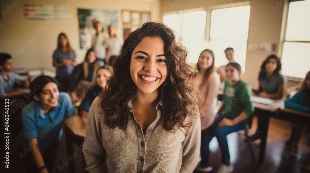 In brightly lit classroom in small town, young Latina teacher, wielding ...