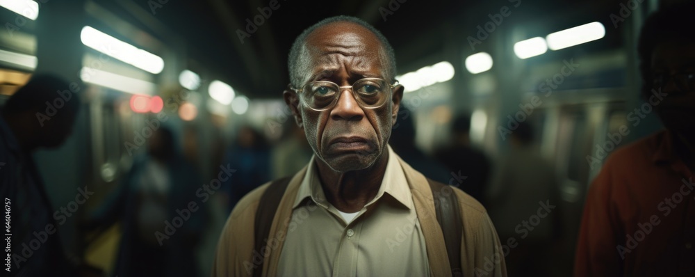senior African American man appears lost in crowded metropolitan subway ...