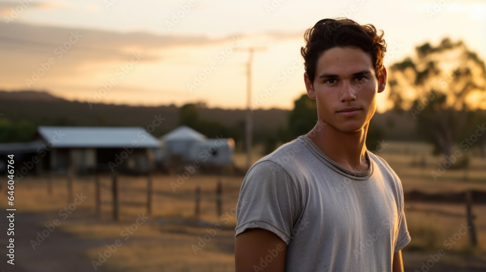 Indigenous Australian young man, starkly solitary in backdrop of rural ...
