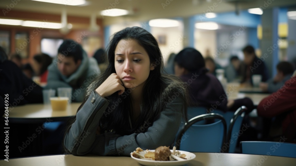 Seated alone in crowded cafeteria, young adult female of Hispanic ...