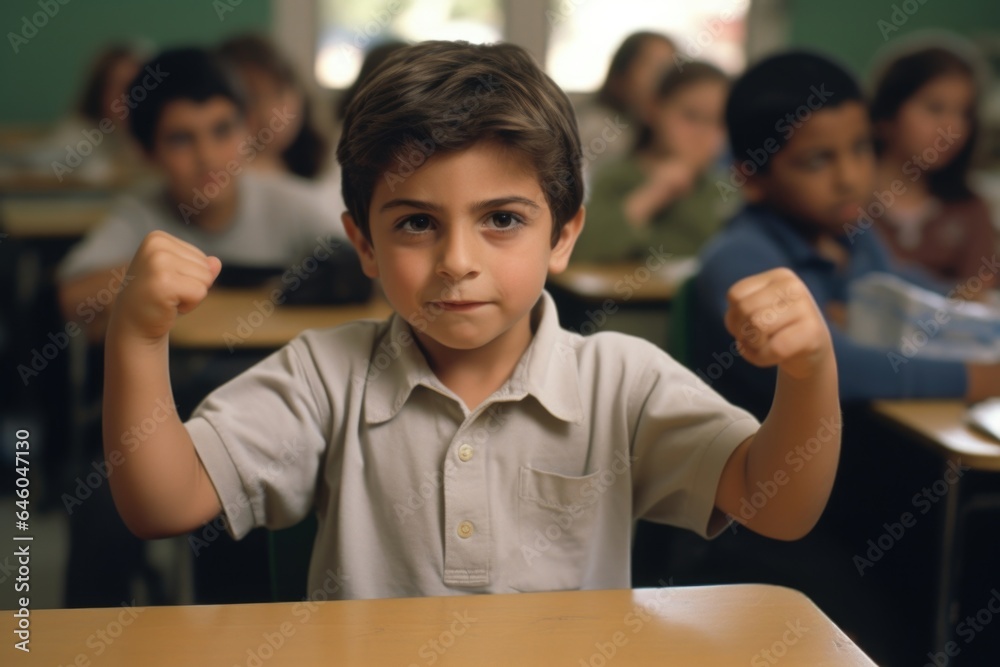 young Middle Eastern boy, sitting in classroom filled with peers ...