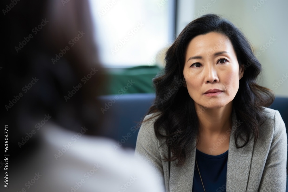 mature, Asian woman wears stoic expression she sits in psychologists ...