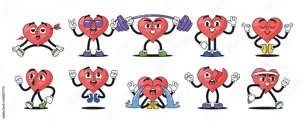 Whimsical Set Of Cartoon Heart Characters, Each Uniquely Expressive And ...