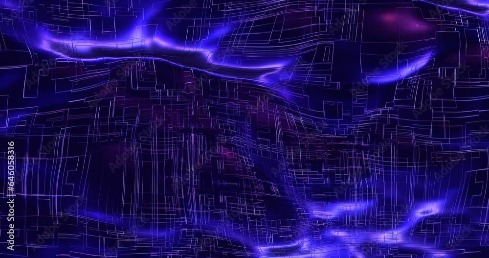 Neon techno waves with flares. Digital purple 3d circuit lines and ...