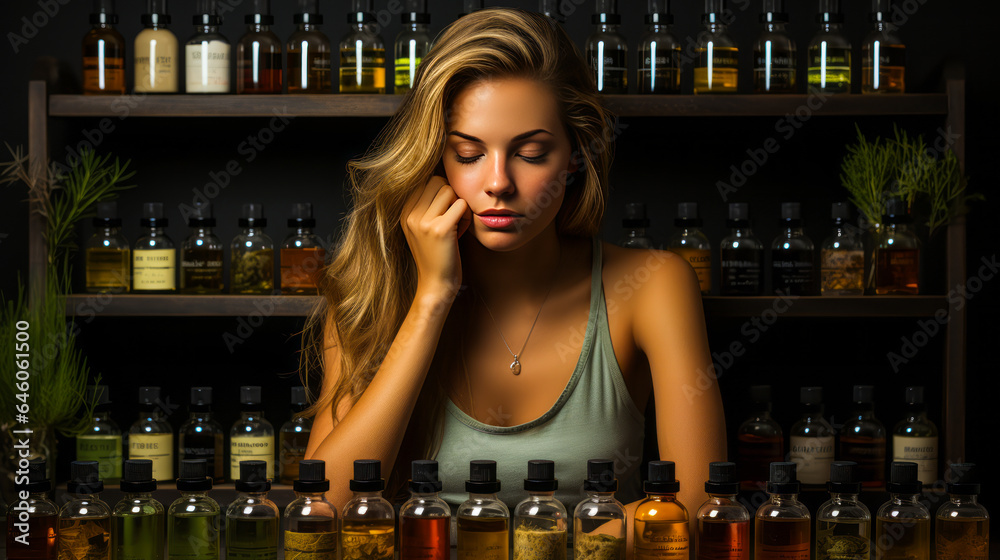 Intriguing scene of a young woman exploring fragrances with covered ...