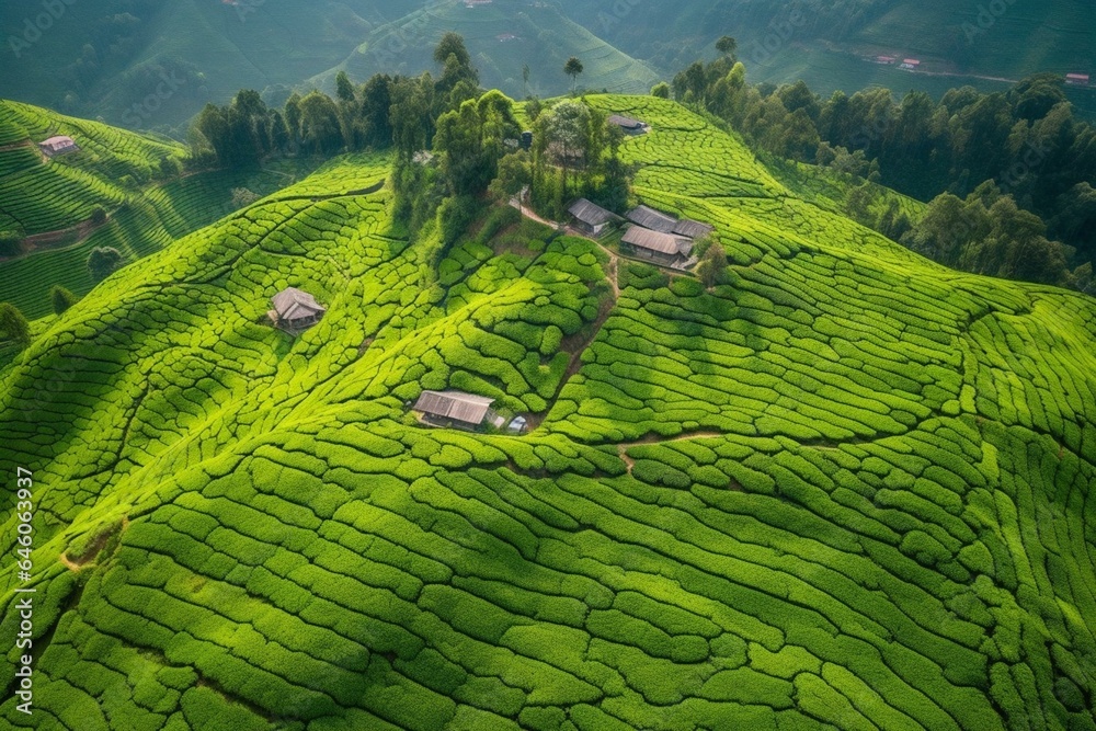 Bird's eye view of tea plantation, with lush green tea terrace farm ...