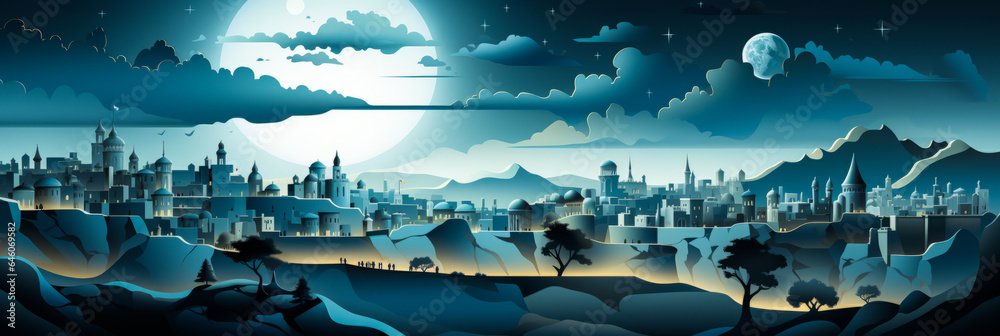 Serene night scene of a traditional Middle Eastern fortress, artfully ...