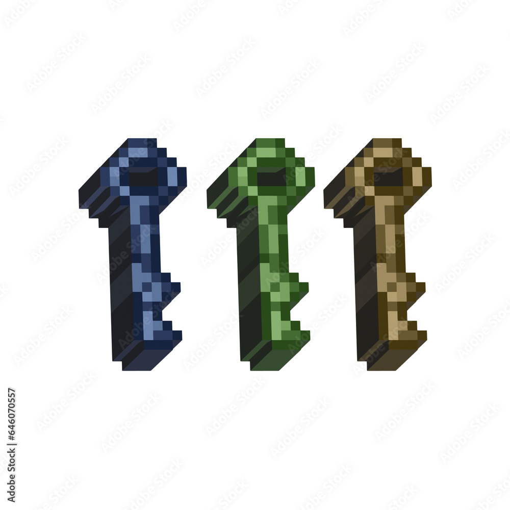 Isometric Pixel art 3d of key for items asset. simple 3d blue,green,and ...
