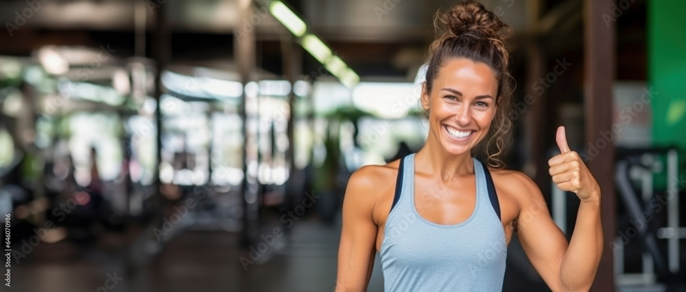 Caucasian female fitness trainer smiling at camera with thumb up in ...