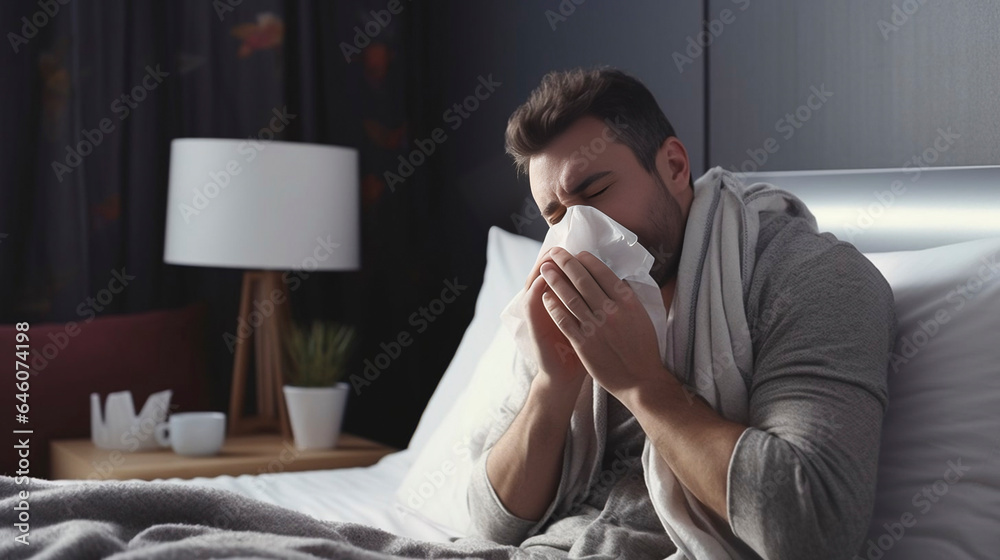 handsome sick man blowing his nose and coughing. ill with cold and ...