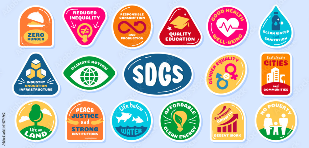 Set of SDGs stickers different shapes. Sustainable development goals ...