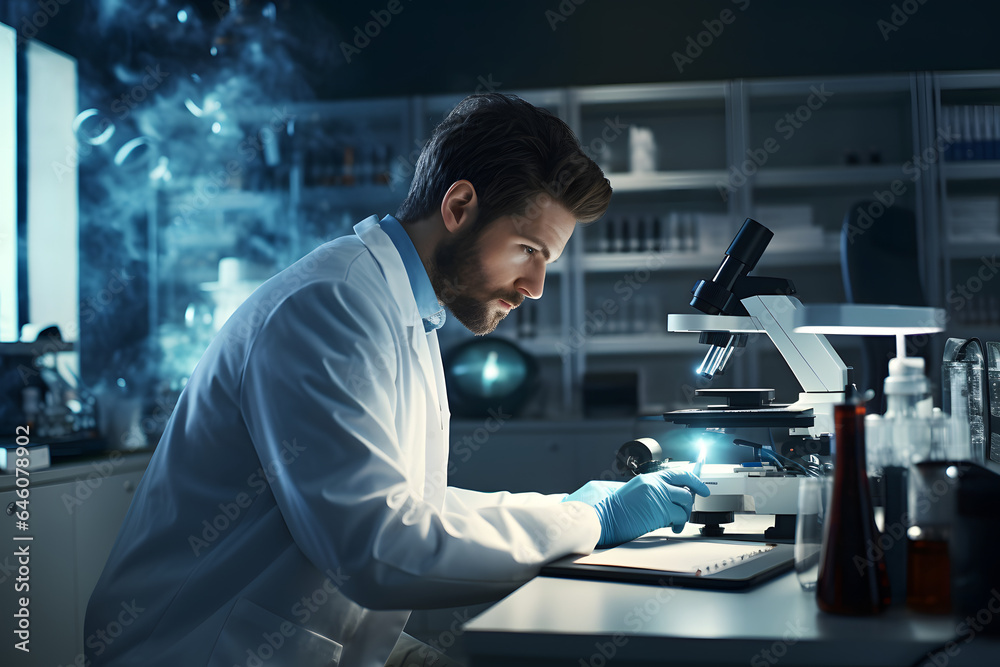 microbiologist scrutinizes medical samples using modern microscope in a ...