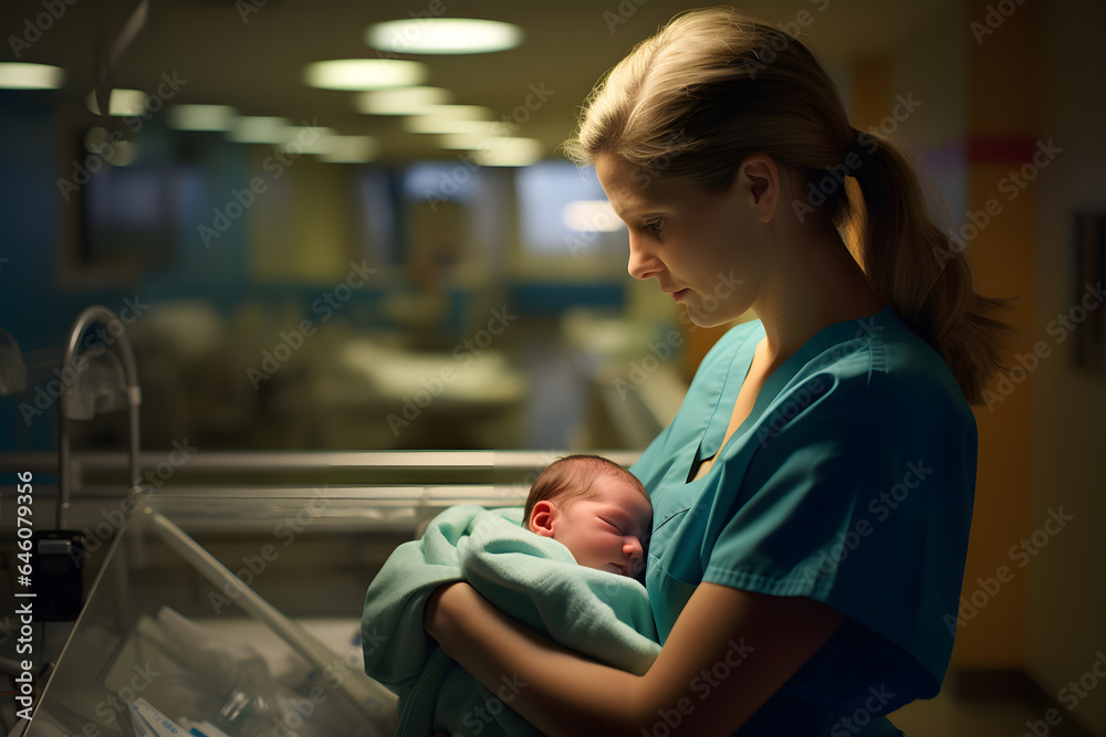 Nurse cradling a day-old infant, newborn baby, displaying genuine ...