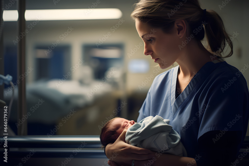 Nurse cradling a day-old infant, newborn baby, displaying genuine ...
