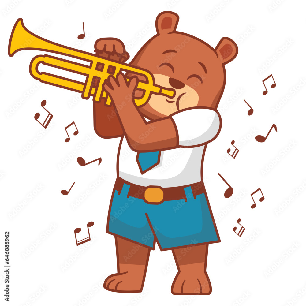 The bear plays the trumpet.Animal musician character.Line art vector ...