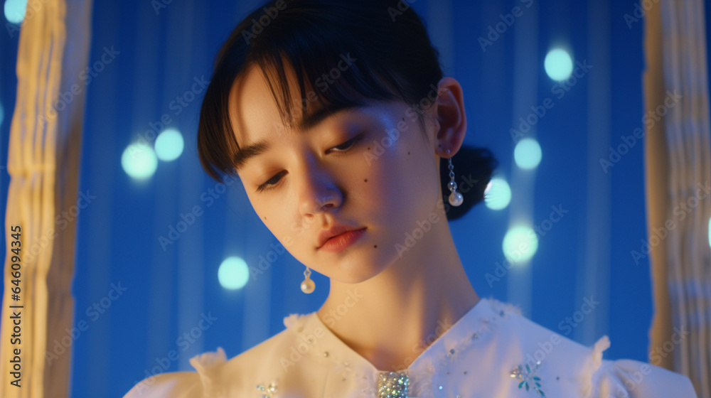 Asian woman, light white skin color, birthmarks, glittering dress and ...