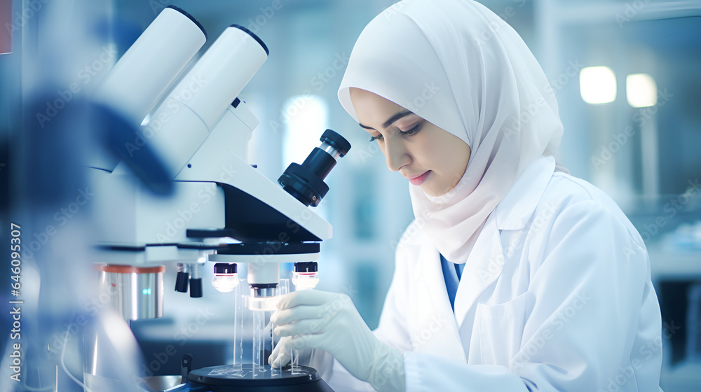 Muslim female doctor wearing a hijab, a scientist looks under a ...