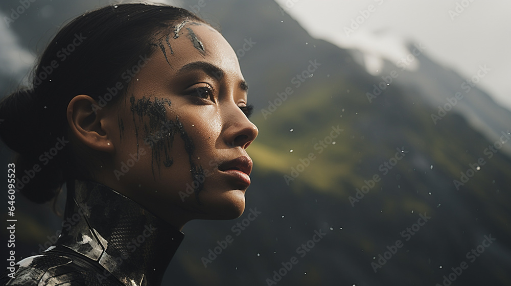 futuristic, young adult woman, injuries on face, scraped skin and ...