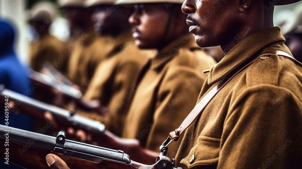 lined up, soldiers with old rifles, military and military march and ...