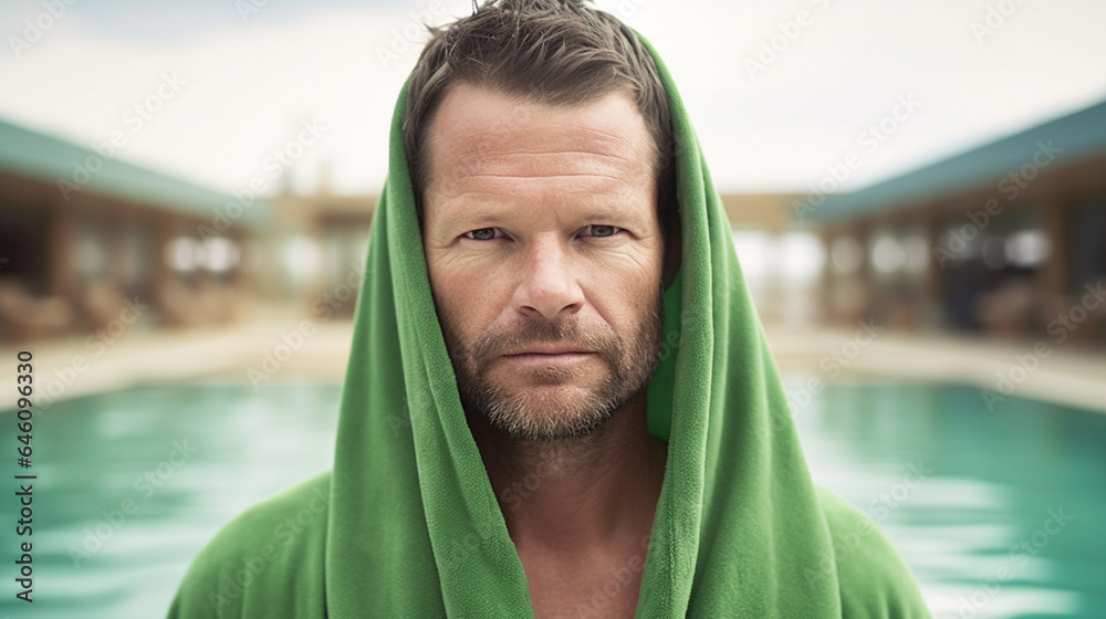 Mature adult man with bald head wearing green bathrobe, wellness and ...