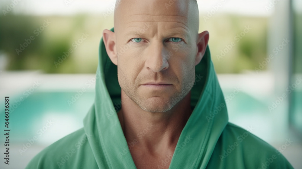 Mature adult man with bald head wearing green bathrobe, wellness and ...