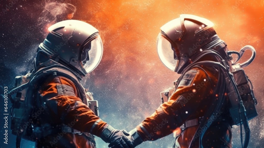 Astronaut couple holding each other's hands on space sky background ...