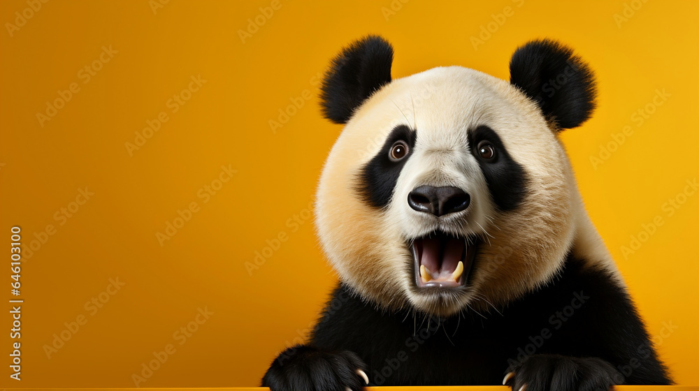 Shocked surprised panda with big eyes on isolated bright orange ...