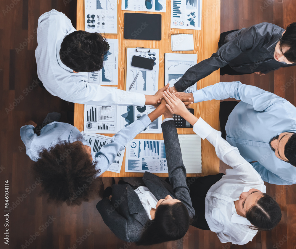 Top view panoramic banner hand stack by office worker show solidarity ...