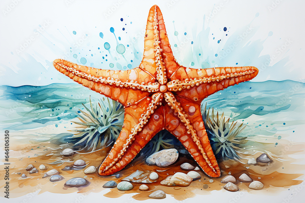 Red starfish drawn with watercolor ocean background Stock Illustration ...