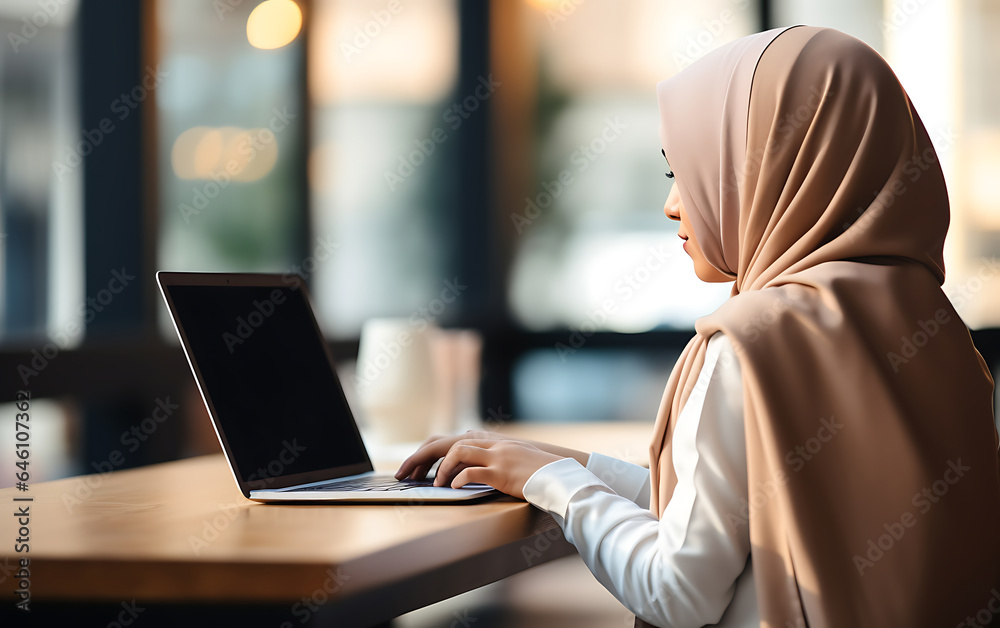 Young arab woman in hijab using blank screen laptop in cafe, remote ...