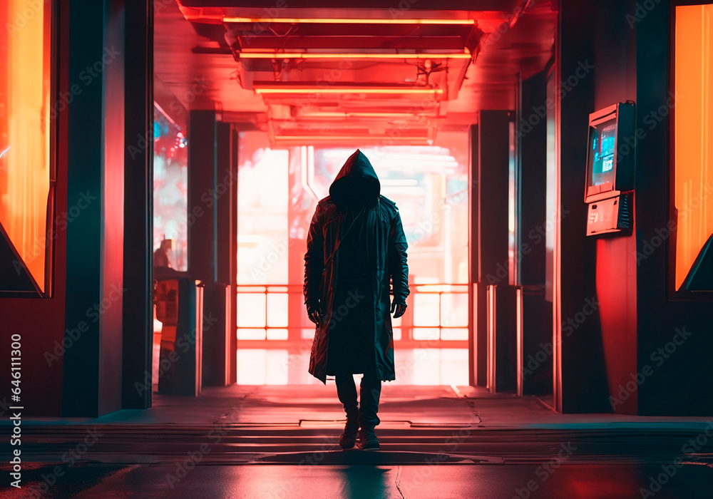 Hooded man in the dark, neon light. The concept of cybercrime. Stock Photo | Adobe Stock