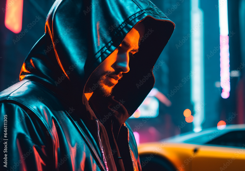 Hooded man in the dark, neon light. The concept of cybercrime. Stock Photo | Adobe Stock