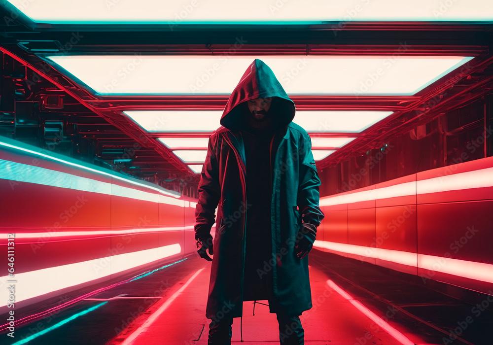 Hooded man in the dark, neon light. The concept of cybercrime. Stock Photo | Adobe Stock