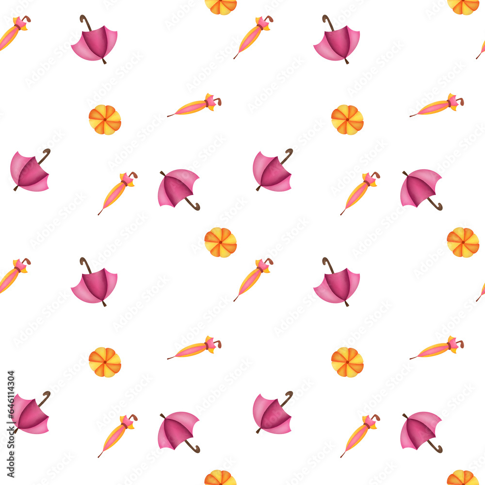 Umbrellas seamless pattern in various positions. watercolor clipart elements isolated on ...