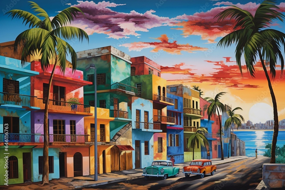 Vibrant artwork depicting a urban scene in the Caribbean with Cuban ...