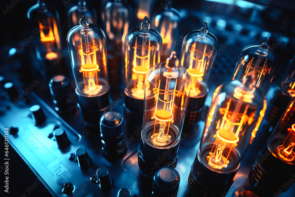 Close-up shot of activated glass vacuum tubes as part of the internal ...