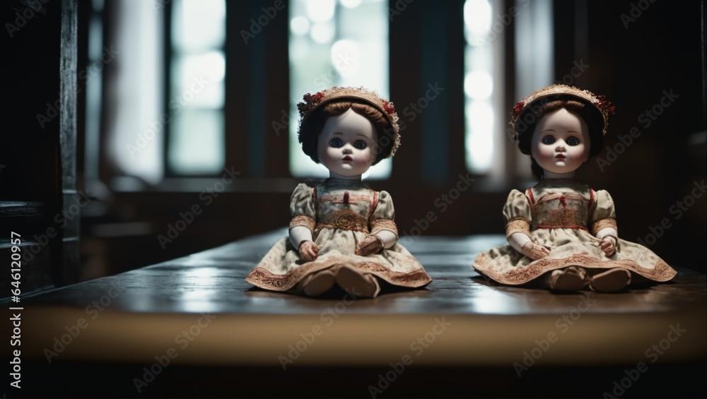 Creepy twin dolls with a haunting presence. Perfect for horror-themed ...