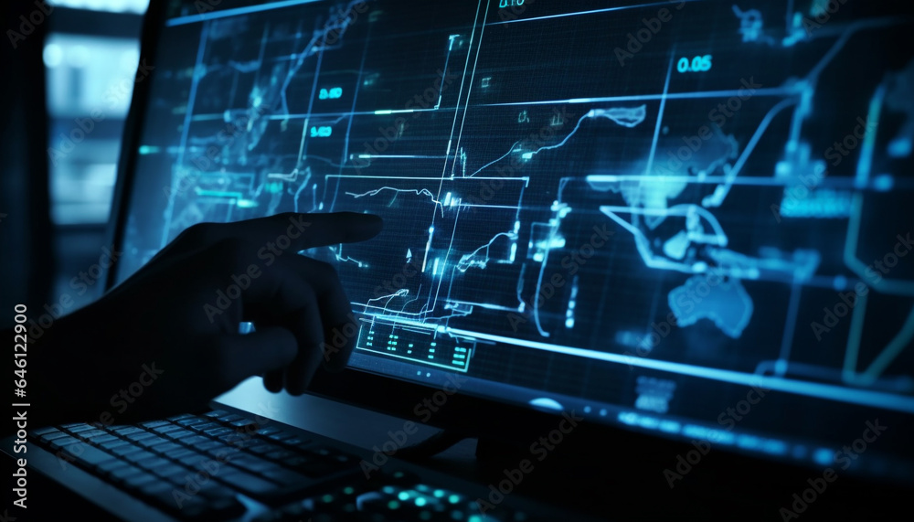 Expert businessman analyzing data on glowing chart with touch screen ...