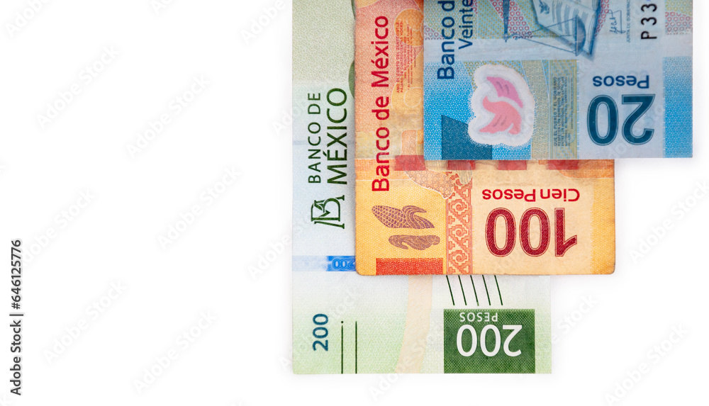 Mexican currency bills of 20, 100 and 200 pesos, front view, isolates ...