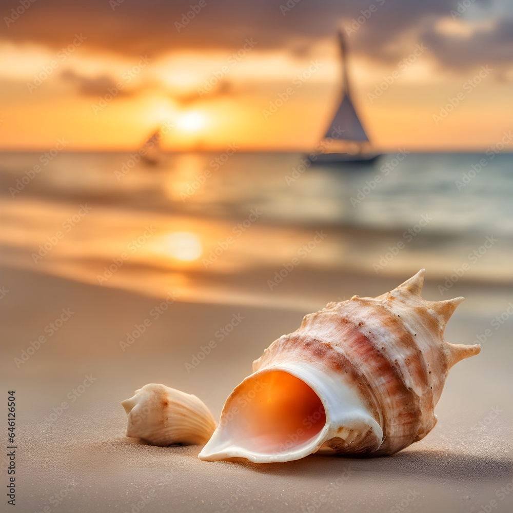 Caracolas sobre la arena en una playa con el mar un velero y una puesta ...